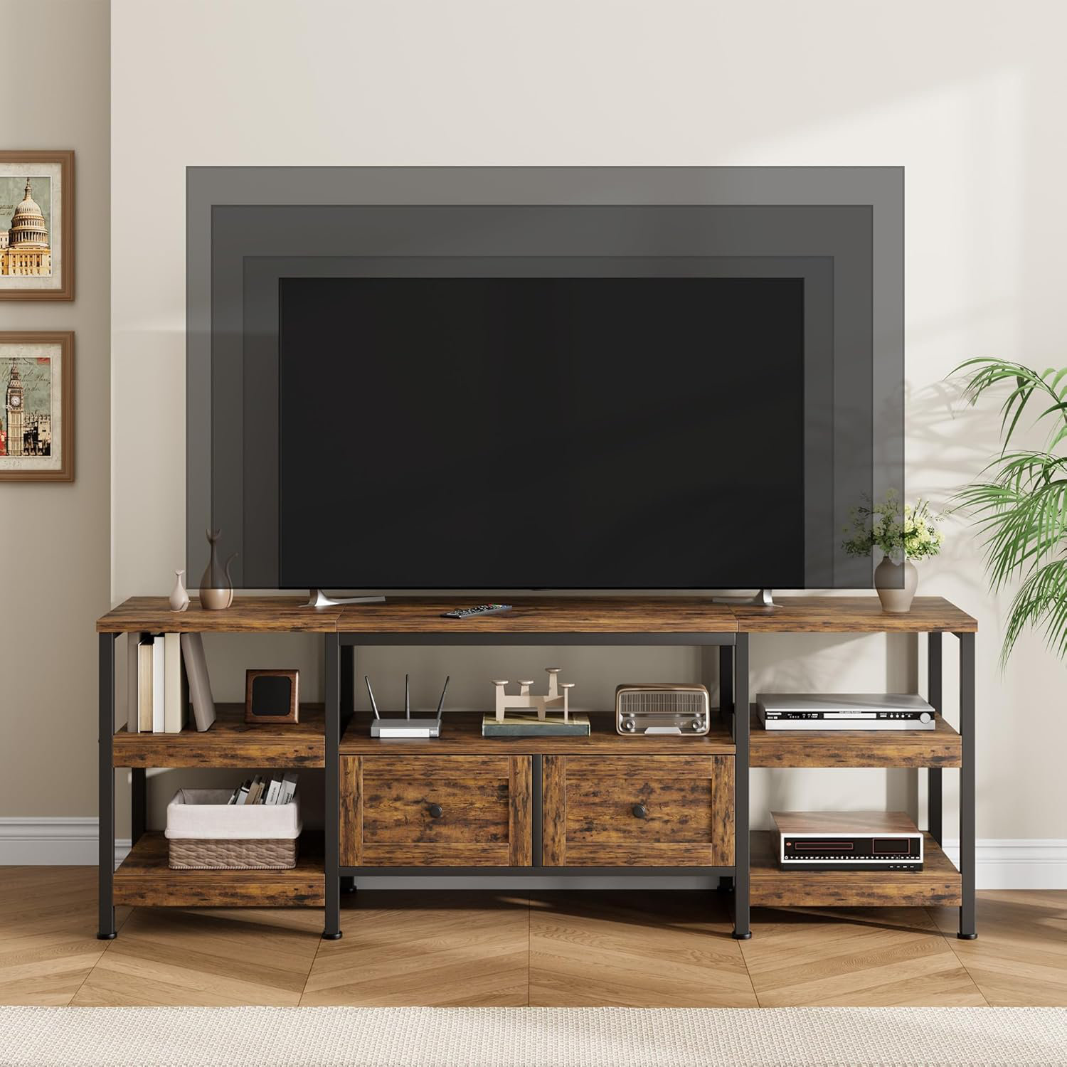 17 Stories 63/70.87/78.74 inch Rustic White Modern-Industrial TV Stand with Metal Frame & 2 ...